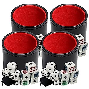 Cyber-Deals Black PU Leather Red Felt Lined Dice Cup with White Poker & Pip Dice in Storage Pouch Set (4 Sets)
