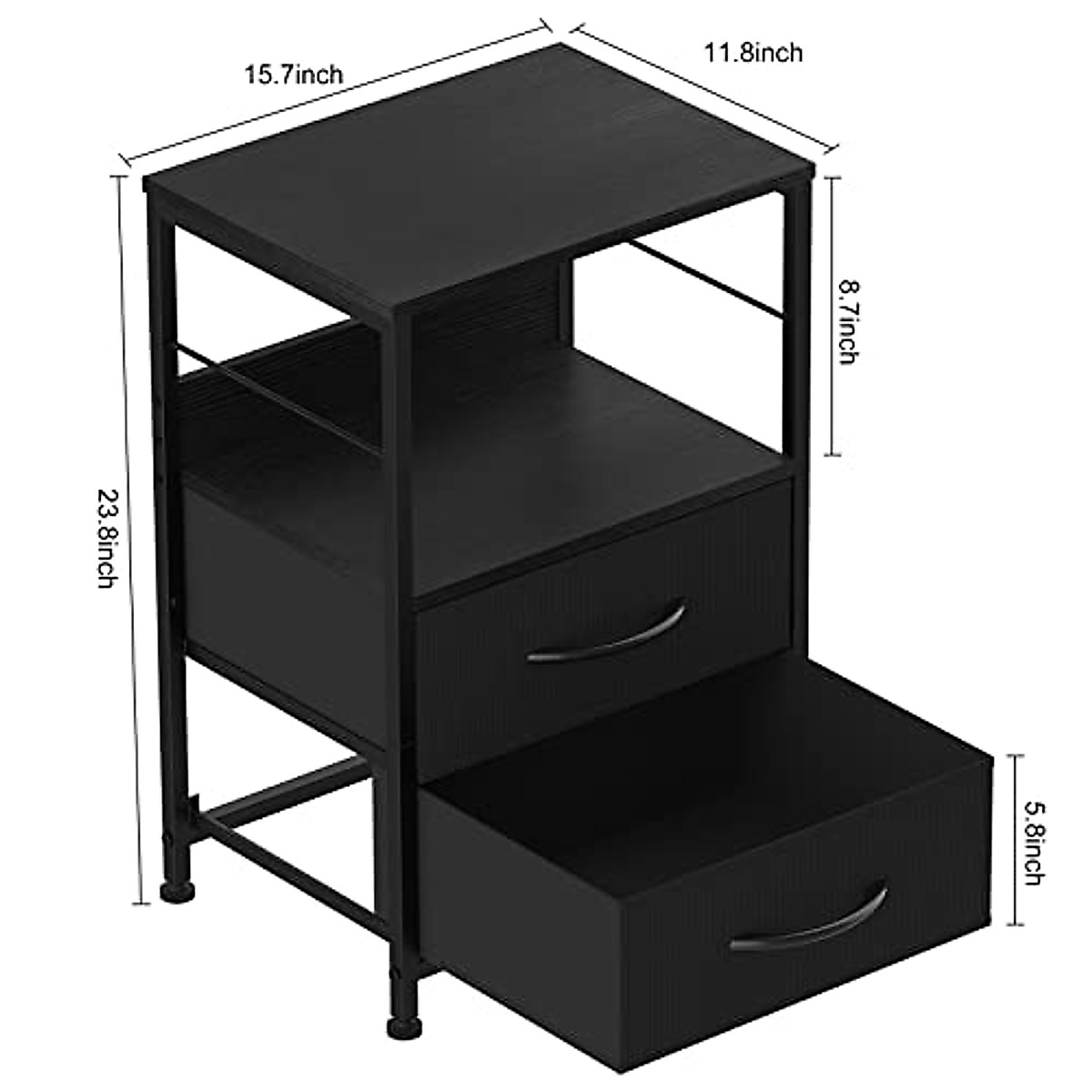 YBING Nightstand Bedroom Bedside Table with Fabric Drawers End Table with Storage Open Shelf Side Table for Living Room Home Dorm Small Space Black