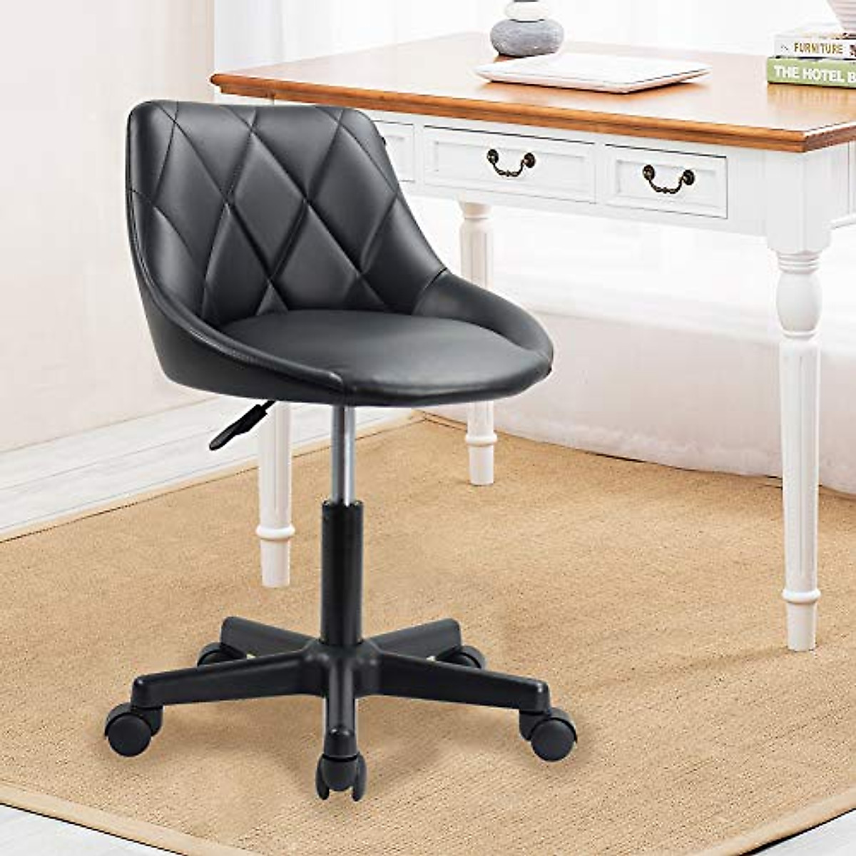 KKTONER Mid Back PU Leather Height Adjustable Swivel Modern Task Chair Computer Office Home Vanity Chair with Wheels (Black)