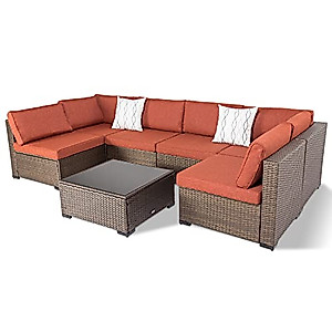 Kinfant Outdoor Furniture Patio Furniture Set - PE Rattan Wicker Conversation Set with Glass Table and Cushions, Sectional Sofa Outdoor
