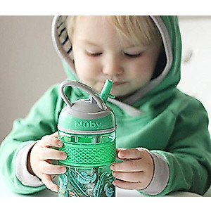 Nuby Thirsty Kids Flip-it Freestyle On The Go Water Bottle with Bite Resistant Hard Straw and Easy Grip Band, Green Banana Leaves, 12 Ounce