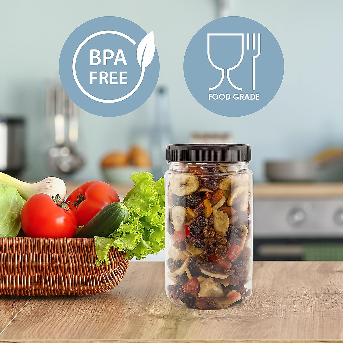 Cornucopia 32oz Clear Plastic Jars with Black Ribbed Lids (6 pack): BPA Free PET Quart Size Canisters for Kitchen & Household Storage