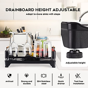 KIBEE Large Dish Drying Rack Drainboard Set,Rustproof Stainless Steel Dish Rack with Utensil Holder,Wine Glass Holder,Dish Drainers for Kitchen Counter (Black)