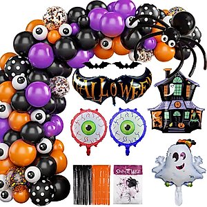 187Pcs Halloween Balloons Arch Garland Kit, 12 Inches Black Orange Purple Halloween Balloons Ghost Eyes House Spider Web Bat Decorations Inflatable Foil Balloon, Indoor Outdoor Halloween Decor Party