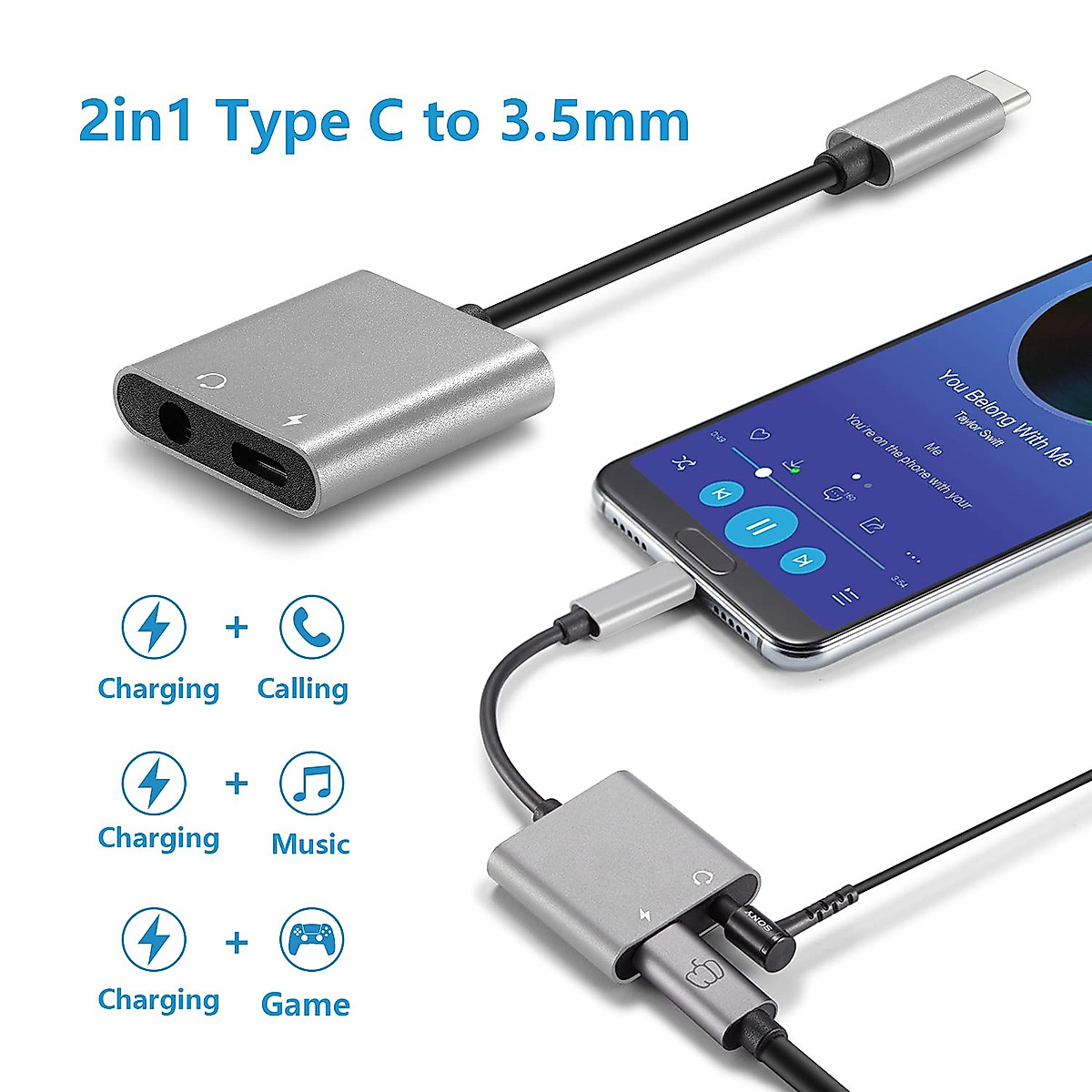 PEPPER JOBS USB-C to 3.5 mm Headphone Jack Adapter 2-in-1 USB-C to AUX Adapter with Fast Charging, Compatible with Samsung Galaxy S21 Series and More (C2PDA)