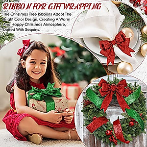 Juinte 2 Roll 20 Yards Christmas Wired Ribbon Glitter Christmas Tree Ribbon Thick Metallic Ribbon Gift Wrapping Tree Decor for Wreath Garland Party DIY Crafts Decorations(1.5 Inch,Red, Green)