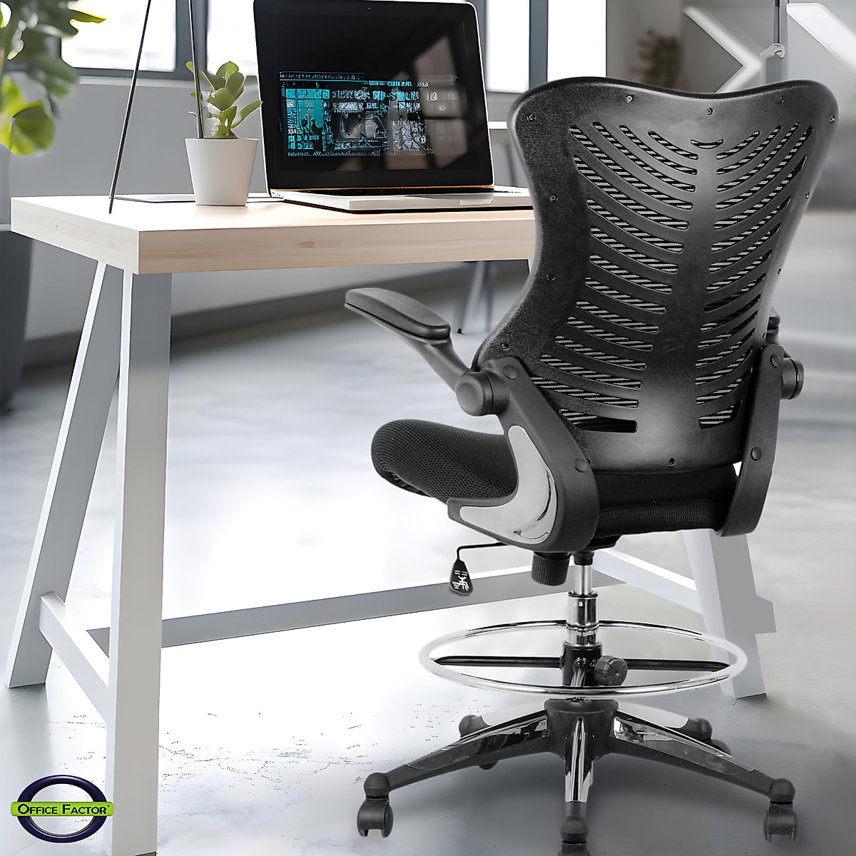 OFFICE FACTOR Stool Clerk Teller Drafting Chair Reception Black Mesh Flip up Armrest Molded Seat with a Single Handle Mechanism (Stool Black MESH Fabric)