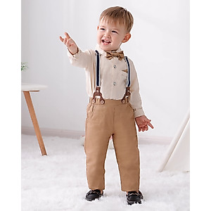 DISAUR Boys Church Outfit Apricot Brown Long Sleeve Dress Shirt Bow Tie Suspender Pants Toddler Formal Outfit Boy 2t 3t 2-3t
