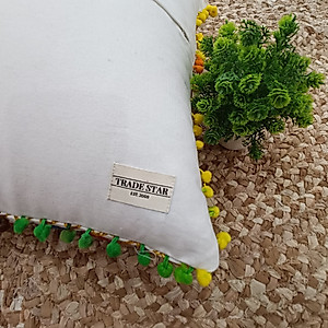 Trade Star 100% Cotton Embroidered Pillow Cover Beautiful Pom Pom Pillow Cover Fall Decor Cushion Cover Decorative Hand Design 16x16 Inches Modern Sofa Throw Pillow Cover for Home Decor
