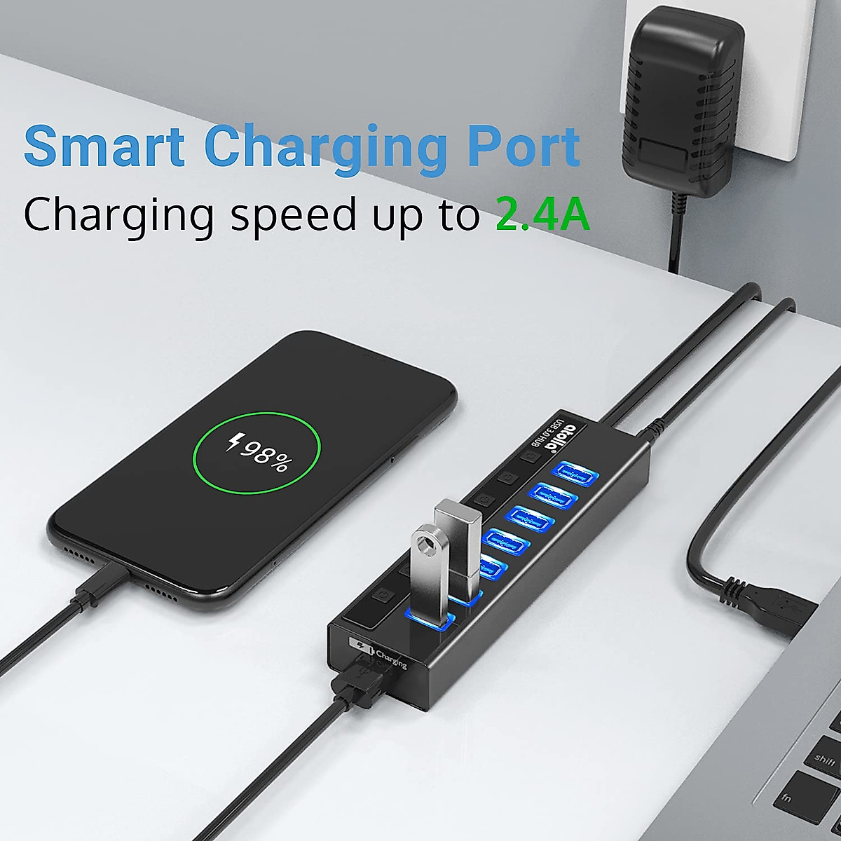 atolla Powered USB 3.0 Hub, 7 Ports USB Data Hub Splitter Plus 1 Smart Charging Port USB Extension Including Individual Switches and 5V/4A Power Adapter