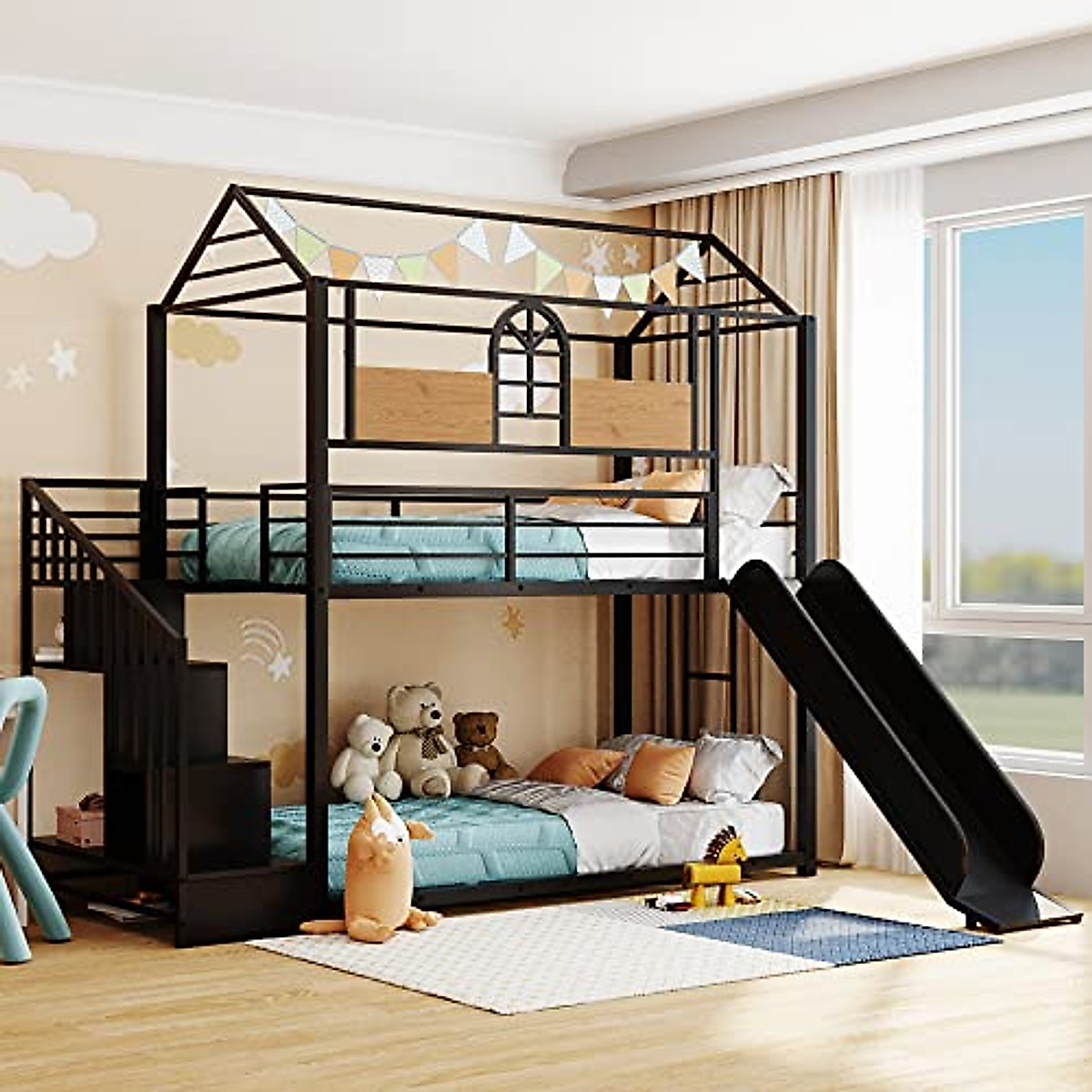 Twin Over Twin Low Bunk Bed with Slide and Stairs House Bunk Bed Metal Frame with Storage Shelves for Kids Boys Girls Teens, Black