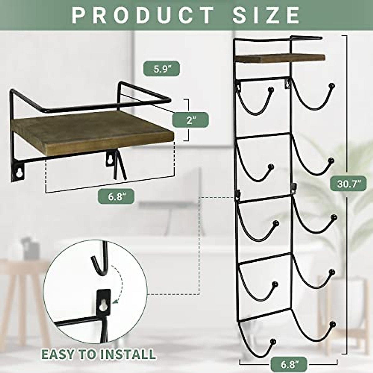 Towel Rack Wall Mounted with Top Shelf,Towel/Wine Rack Holder Organizer with 5 Compartments and Top Wooden Shelf for Bathroom Storage Bath Towels, 30.7" L x 7" W