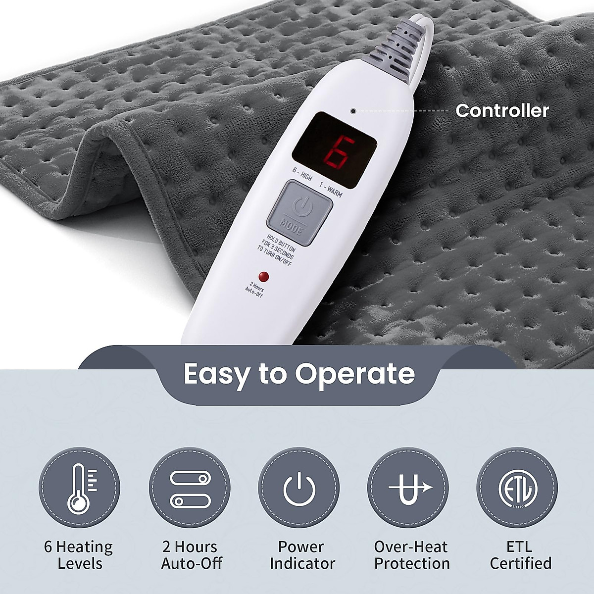 Electric Heating Pad 20"x24" for Back Pain Relife, Cramps, Neck and Shoulder, Moist/Dry Heat Therapy with Auto Shut Off Heating Pads, Holiday Christmas Gifts for Women Men Mom Dad, Gray