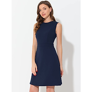 Allegra K Women's Work Dress Round Neck Solid Color Sleeveless A-Line Casual Office Dresses Medium Dark Blue