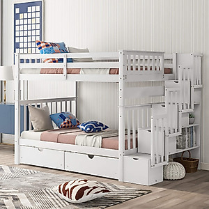 FANYHOME Full Over Full Bunk Bed with 6 Storage Drawers, Wooden Full Bunk Beds with Stairway and Shelves, Detachable Bunk Bed for Kids, Teens, Adults Boys & Girls (New, White)