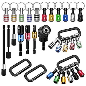 Anglekai 18PCS Bit Holder Cool Gadgets, 11PCS Drill Bit Holder Keychain/ 3PCS Impact Drill Bit Sockets Adapter/ 3PCS 1/4’’ Quick Hex Shank/ 105°Right Angle Drill Driver 1/4’’Hex Shank Screwdriver Bit