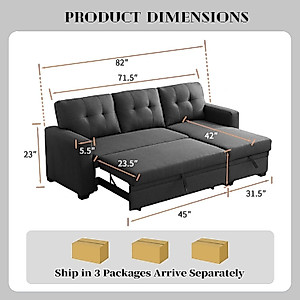 MMTGO 82" L-Shape Reversible Linen Sleeper Sectional Sofa, with Pull Out Bed, Storage Chaise and Arms, Corner Couch for Apartment, Dorm, Living Room