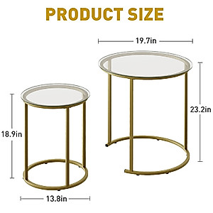 Azheruol Nesting Coffee Table Set of 2,Modern Gold Tempered Glass Side Table, Metal Frame Round End Table.Small Glass Tea Table for Living Room,Bedroom Studio Apartment Essentials，23.2in