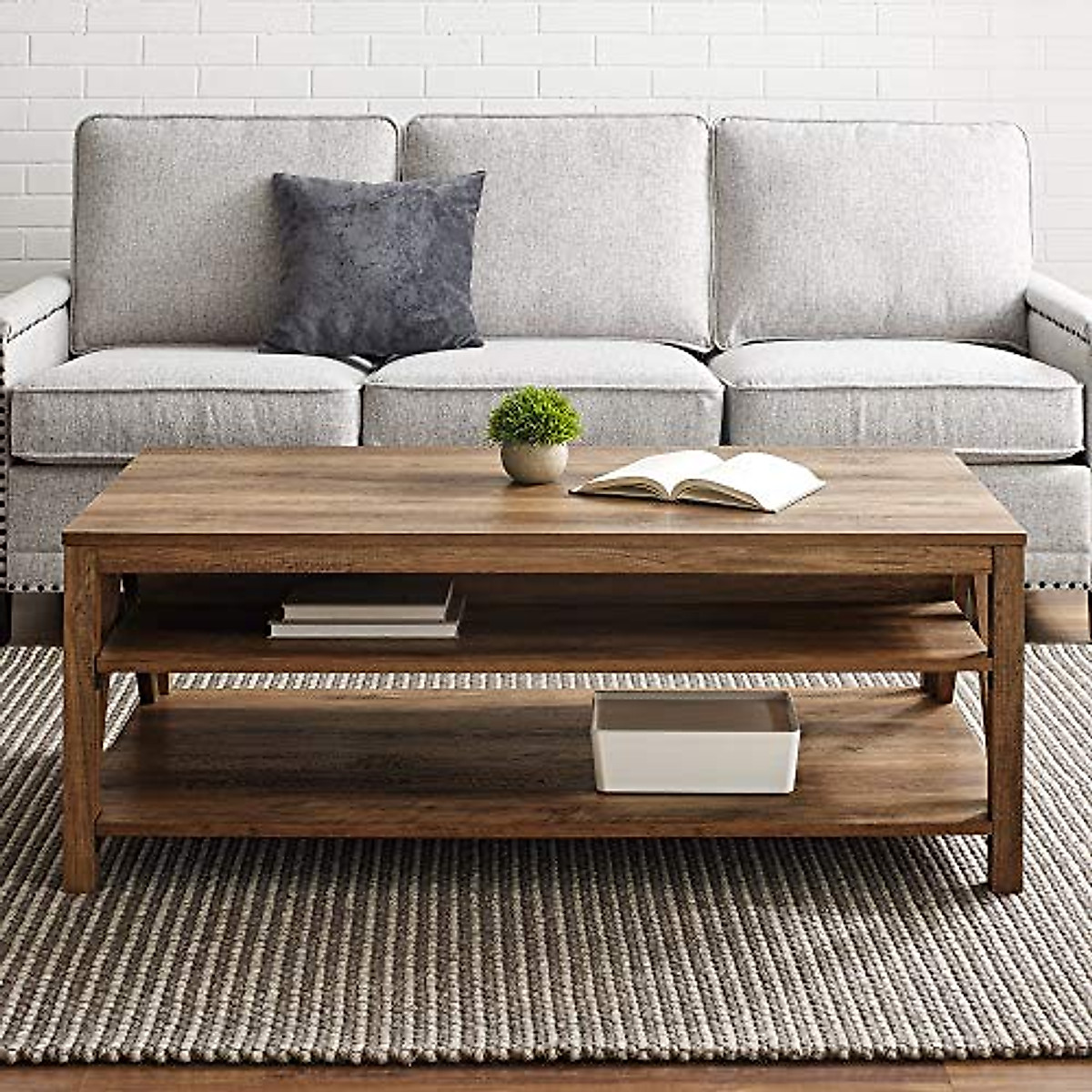 Walker Edison Modern Farmhouse A-Frame Wood Rectangle Coffee Table Living Room Ottoman Storage Shelf, 48 Inch, Rustic Oak