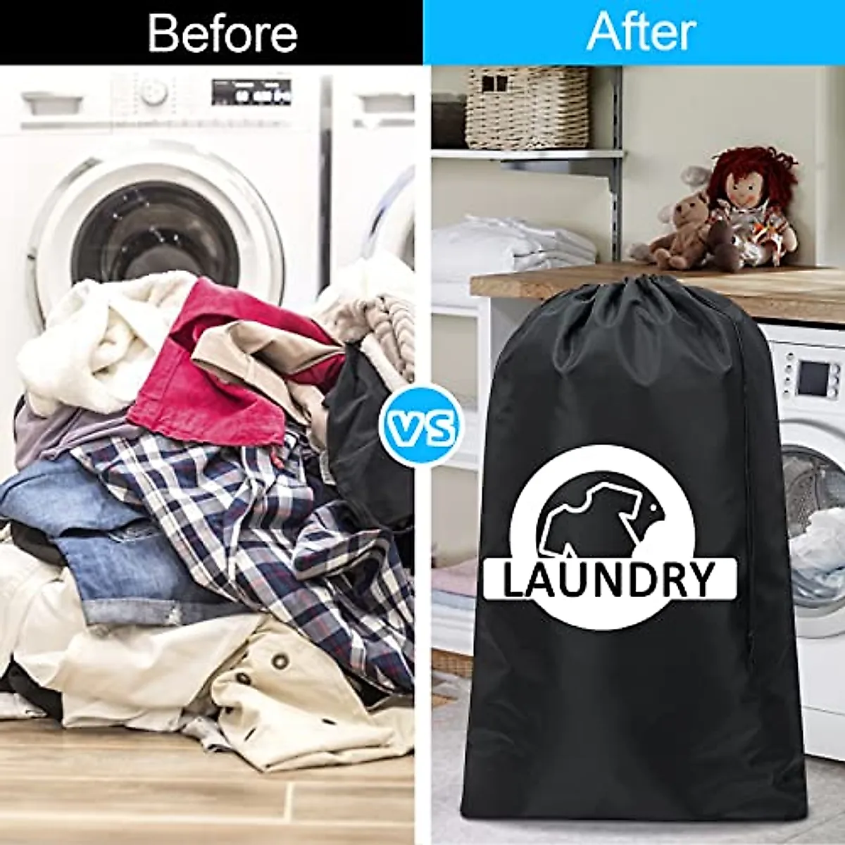 Dirty Laundry Travel Bag - Extra Large Heavy Duty Dirty Clothes Bag for Traveling, 2 Pack XL Machine Washable Camp Drawstring Laundry Bags（Blue and Black）