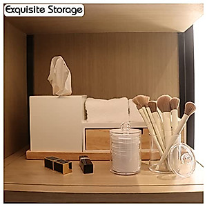 Qihomy 10-Ounce Qtip Holder Dispenser for Cotton Balls, Cotton Swabs, Cotton round pads, Clear Plastic Apothecary Jar Set for Bathroom Canister Storage Organization, Dresser Organizer (2 Pack)