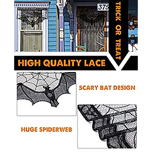 ANPHSIN Halloween Black Lace Spiderweb- 2 Pcs Bat Curtain Window Valance Cobweb Tablecloth Shower Curtains Fireplace Mantles Scarf Cover for Home Door Kitchen Bathroom Festive Party Decorations