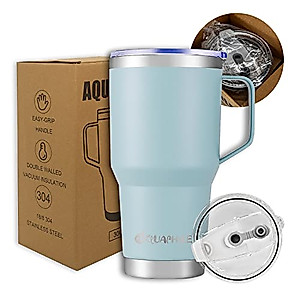 AQUAPHILE 30oz Stainless Steel Insulated Coffee Mug with Handle, Double Walled Vacuum Travel Cup with Lid & Straw, Reusable Thermal Coffee Cup, Portable Coffee Tumbler, for Hot&Cold Drinks(Light Blue)