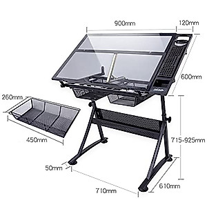 EESHHA Drawing Table Adjustable Glass Drafting Table,Versatile Art Study Table,with Storage Drawers,Art Studio Design Sketching Painting Work Station