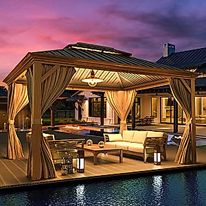 MELLCOM 10' x 12' Hardtop Gazebo, Wooden Finish Coated Aluminum Frame Gazebo with Galvanized Steel Double Roof, Brown Metal Gazebo with Curtains and Nettings for Patio, Lawn & Garden