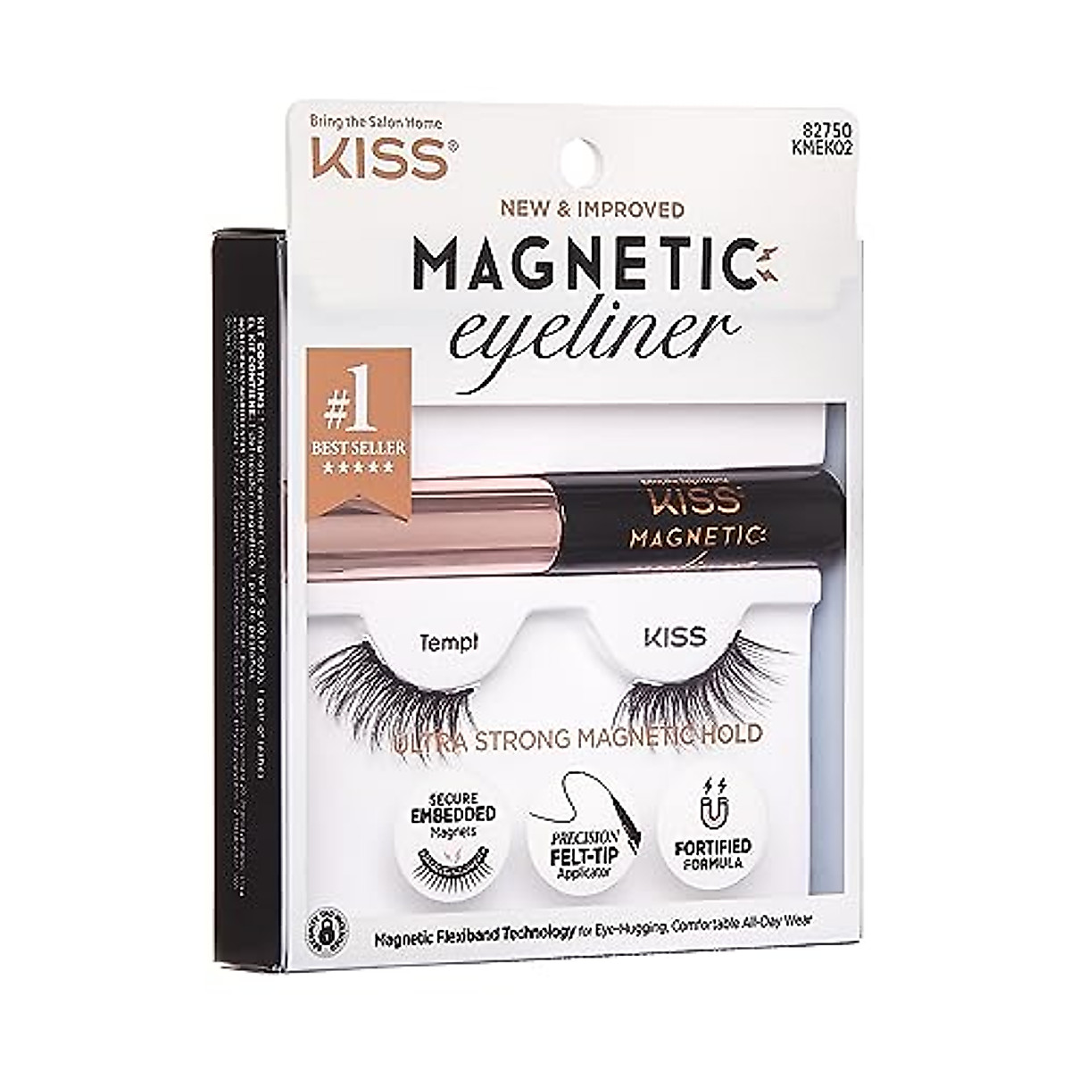 KISS Magnetic Eyeliner & Lash Kit, Tempt, 1 Pair of Synthetic False Eyelashes With 5 Double Strength Magnets and Smudge Proof, Biotin Infused Black Magnetic Eyeliner with Precision Tip Brush