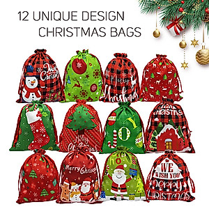 BAISDY 12Pcs Christmas Drawstring Gift Bags Fabric Reusable Christmas Buffalo Plaid Xmas Snowflake Gift Bags for Holiday Party Present Favor