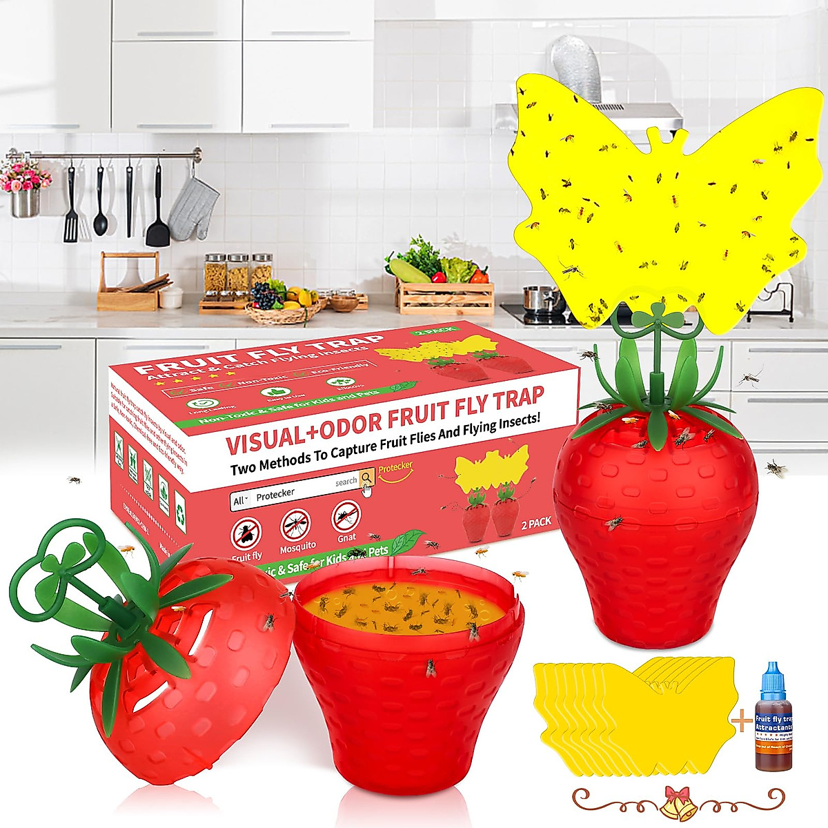 Fruit Fly Trap for Indoors,Effective Fruit Fly Killer Catcher Gnat Trap with Yellow Sticky Pads,Odorless Reusable Fly Catcher Gnat Fruit Flies Trap Fly Insect Trap for Plant House Kitchen (2 Pack)