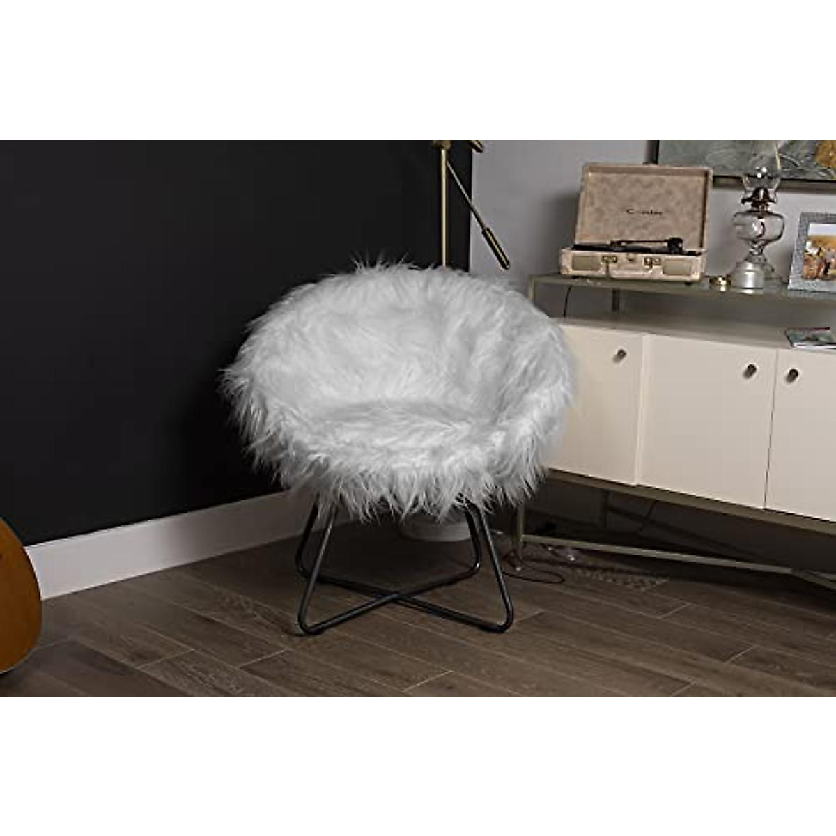 BIRDROCK HOME Grey Faux Fur Papasan Chair with Black Legs - Kids Bedroom Moon Chair - Comfy Wide Cushion Seat - Living Room Saucer - Metal - Fluffy Round Seat - Circle