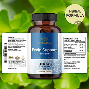 HERBAMAMA Brain Support Capsules - 1400mg Energy and Brain Support Supplement for Adults with Bacopa, Panax Ginseng and Ginkgo Biloba - Vegan, Non-GMO Focus Supplement, 100 Caps
