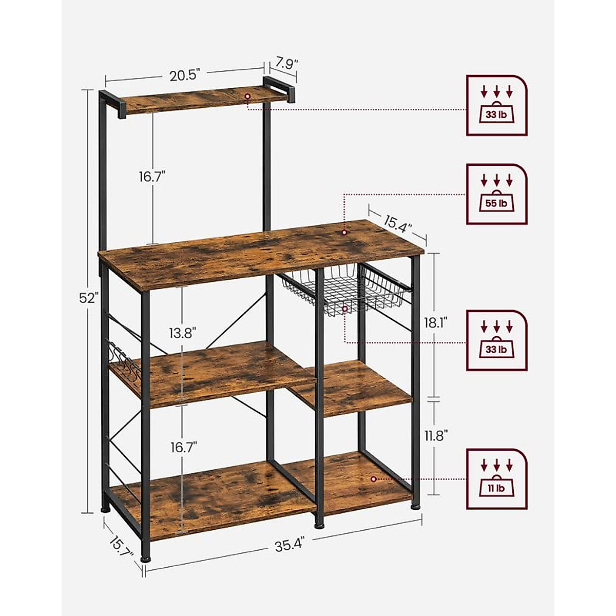 VASAGLE Baker's Rack, Microwave Stand, Kitchen Storage Rack with Wire Basket, 6 Hooks, and Shelves, for Spices, Pots, and Pans, Rustic Brown and Black UKKS35X