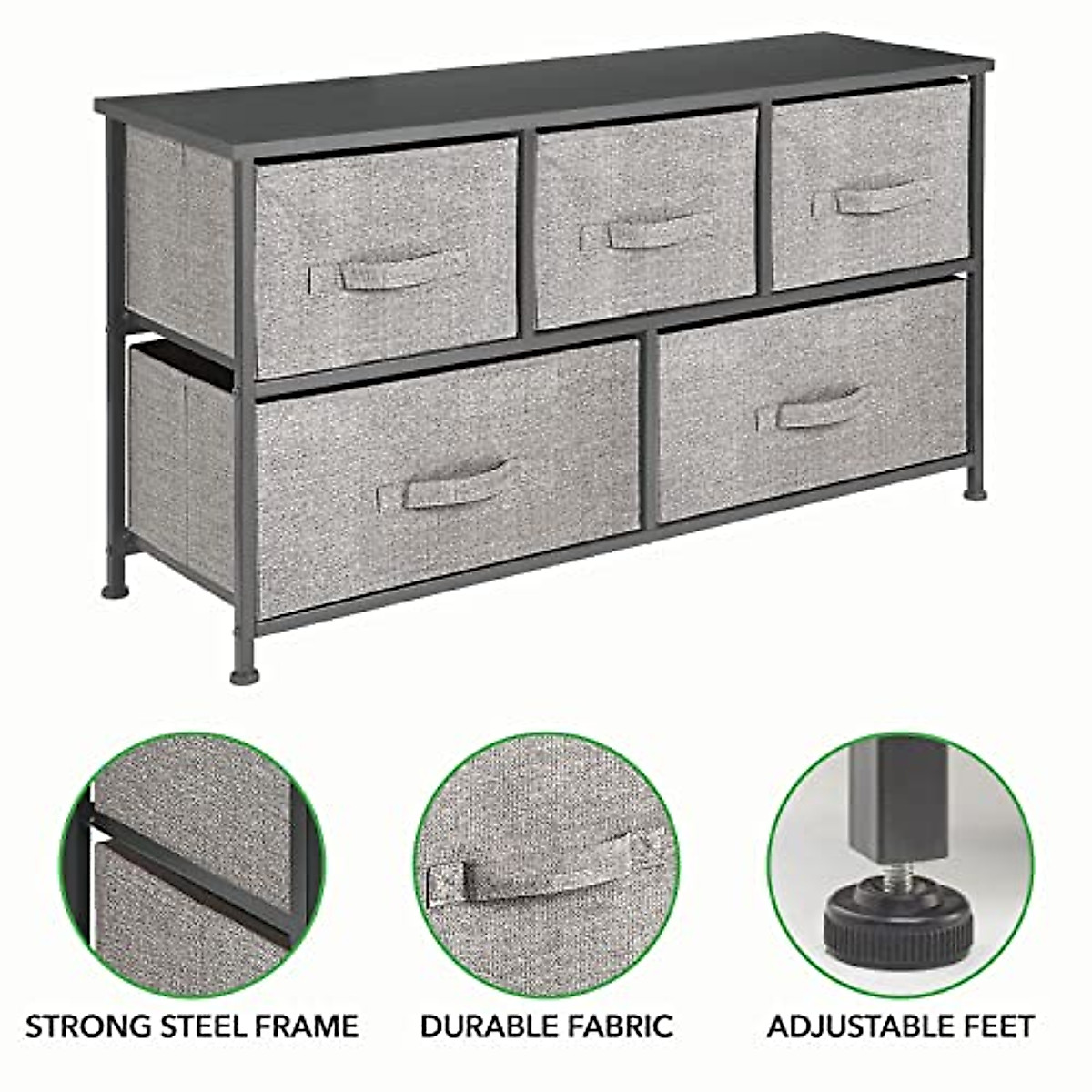 mDesign 21.65" High Steel Frame/Wood Top Storage Dresser Furniture Unit with 5 Removable Fabric Drawers - Wide Bureau Organizer for Bedroom, Living Room, Closet - Lido Collection, Black/Graphite Gray