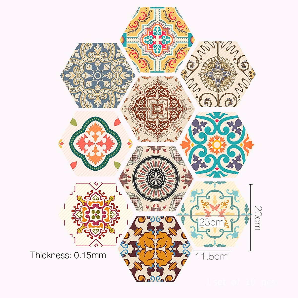 Alwayspon 10 Pcs Hexagon Non-Slip Floor Sticker for Home Decor, Peel and Stick Self-Adhesive Wall Sticker for Living Room Kitchen Bathroom, 7.9x9.1inch