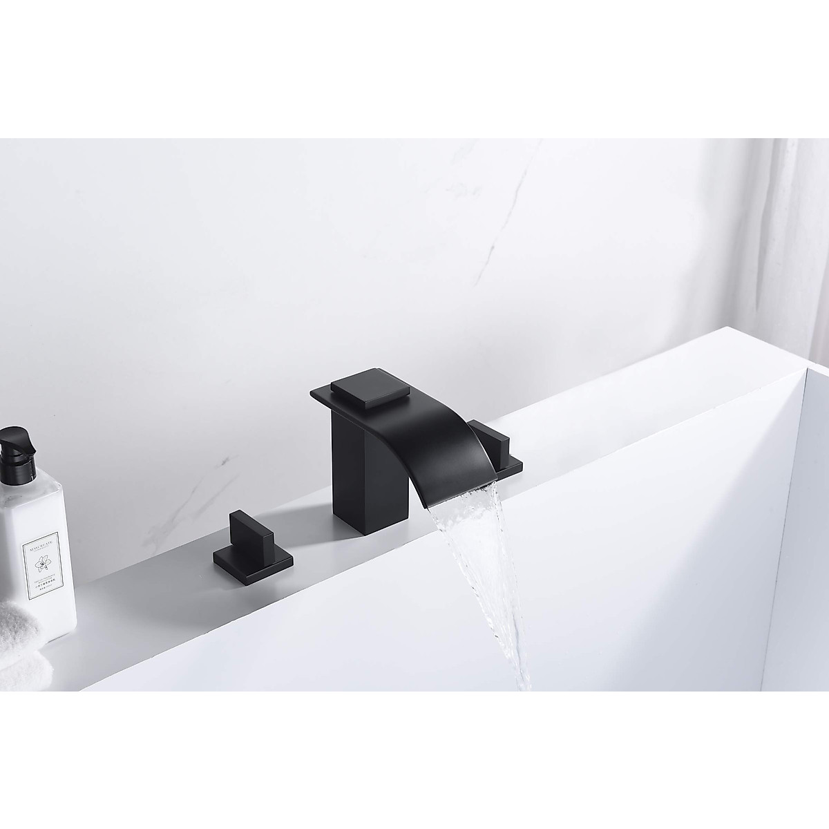 sumerain Black Waterfall Tub Faucet Deck Mount 3 Hole Widespread Bathtub Faucet with Valve