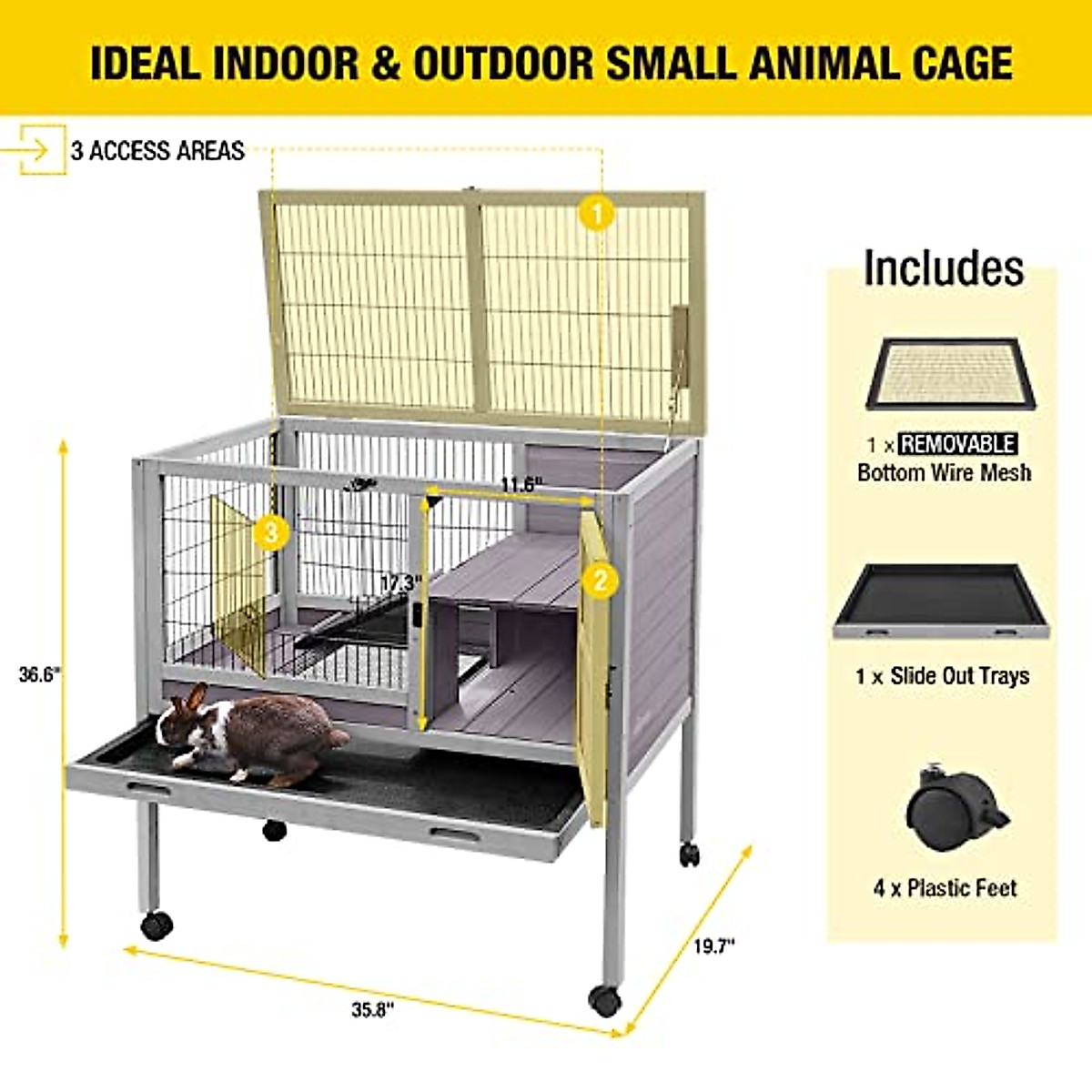 Aivituvin Rabbit Hutch Indoor Bunny Cage Wooden Guinea Pig House with Wire Floor, Wheels, Leak-Proof Tray 35in