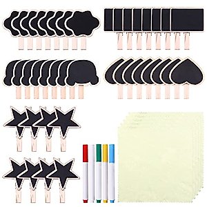 Wokape 50Pcs 5 Styles Retangle Chalkboard with Wooden Clip Tag Signs with Liquid Chalk Markers Assortment Kit, Chalkboards Blackboard for Weddings, Table Numbers, Favor Tag and Event Decorations