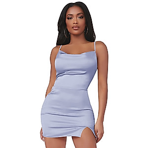 Verdusa Women's Split Hem Cowl Neck Spaghetti Strap Satin Cami Bodycon Dress Light Blue S