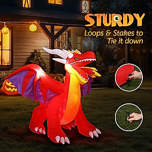 6 FT Halloween Inflatable Fire Dragon, Blow-up Red Dragon with Wings, Holiday Yard Decoration with LED Flash Light,Ground Stakes, for Lawn Yard Garden