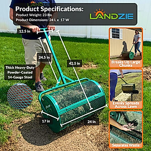 Landzie 24 Inch Wide 16 Inch Diameter Metal Mesh Basket Lawn and Garden Rolling Yard Soil, Peat Moss, Manure, and Compost Topdressing Push Spreader