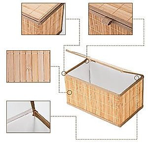 SOUJOY Set of 3 Bamboo Decorative Storage Basket with Lids, Rectangle Storage Bins, Handwoven Wicker Lidded Basket with Cloth Liner for Desk Bedroom Shelf Organizer