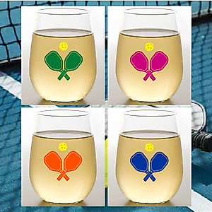 Wine-Oh! Set of 4 Shatterproof CUSTOM 16 oz Plastic Wine Glasses MADE in the USA (PICKLEBALL)