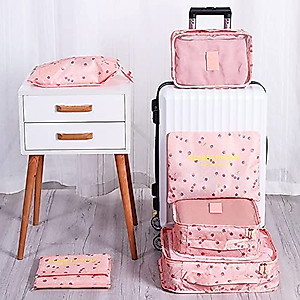 Laebevon 7 Set Packing Cubes with Shoe Bag - Travel Luggage Organizer, Pink Cherry