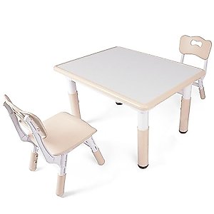 DOREROOM Kids Table and 2 Chairs Set, Height-Adjustable Toddler Table and Chair Set with Graffiti Desktop, 31.5''L x 23.6''W Children Activity Table for Daycare, Classroom, Home
