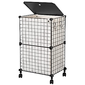 WOWLIVE Iron Wire Laundry Hamper with Lid, Foldable Laundry Basket with Wheels and Removable bags，Collapsible Dirty Clothes Hamper Organizer Dorm Room Storage for Bedroom, Bathroom (Black)