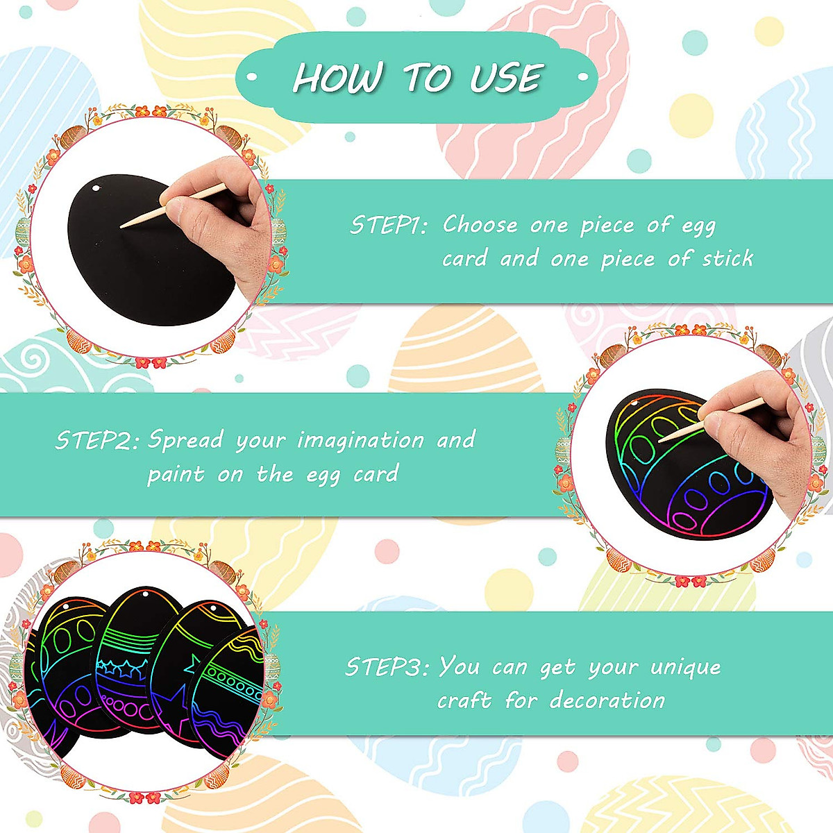 48 Pieces Scratch Paper Easter Scratch Craft Art Easter Day Ornaments Colorful Scratch Easter Day Rainbow Cutouts with 48 Wooden Sticks and 48 Colorful Ribbons for Kids Church Class (Egg)