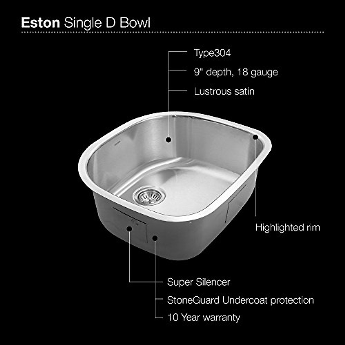 Houzer STS-1400-1 Eston Series Undermount Stainless Steel Single D Bowl Kitchen Sink, 18 Gauge